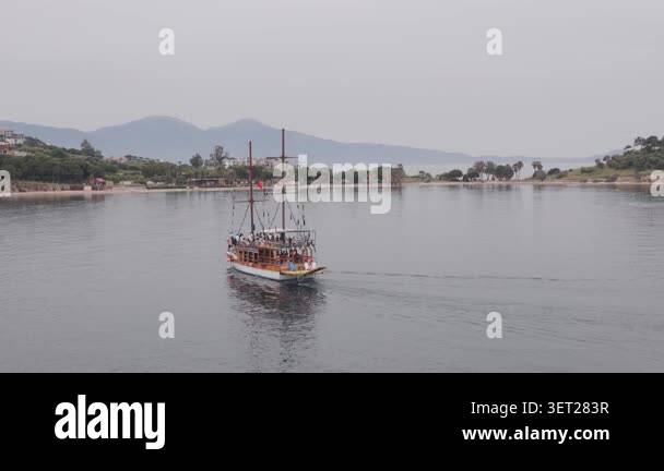 9 May 2026, Kusadasi, Turkiye: Wooden tourist sailboat full of ...