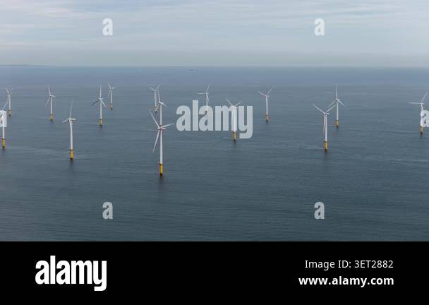 Aerial drone footage of offshore wind farm near Redcar Middlesbrough UK ...