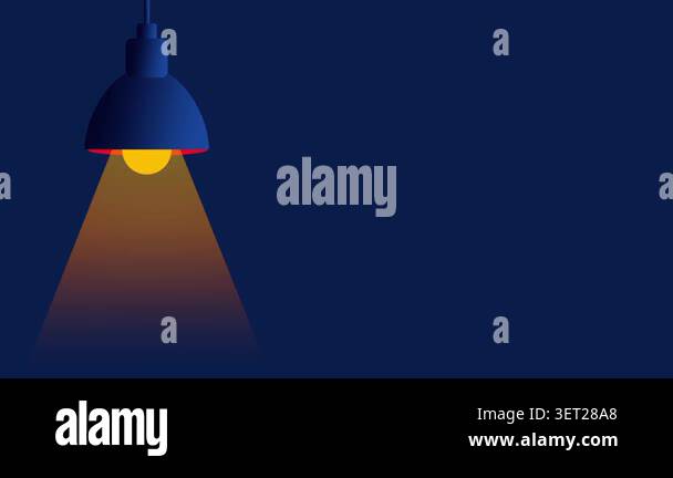 A blue pendant lamp casting a warm orange cone of light downward ...