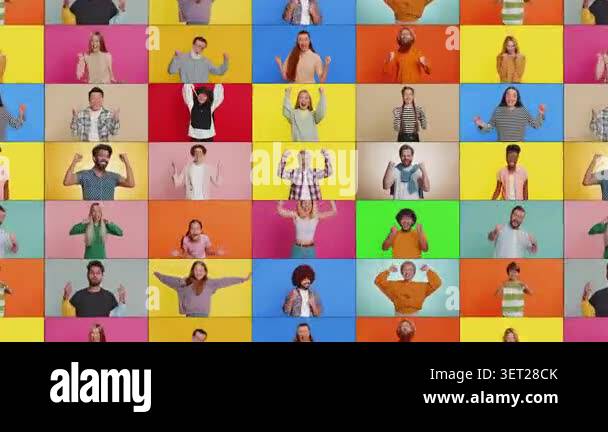 Collage of happy excited group people men women portraits diverse ...
