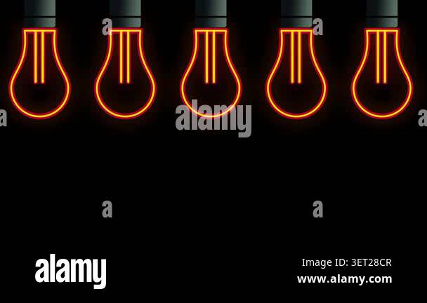 A row of five neon orange glowing filament light bulbs hanging in a ...