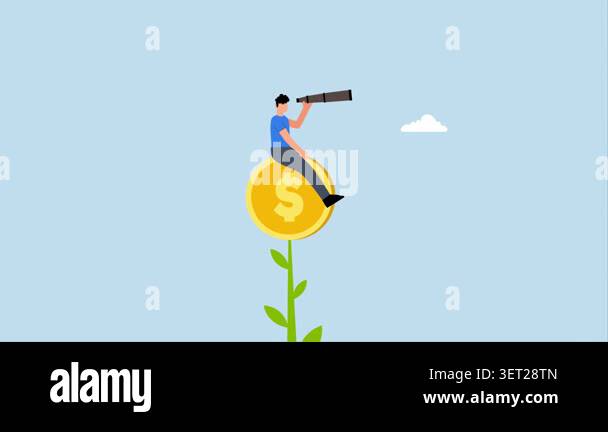 Investment, 4k animation of man look through telescope at plant ...