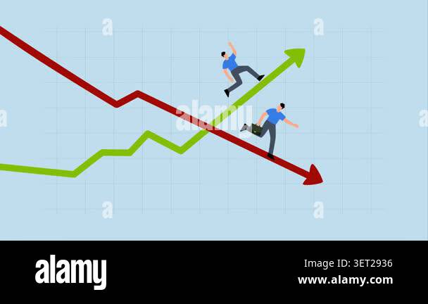 Profit and loss, 4k animation of entrepreneur sprinting on ascending ...