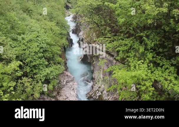 Fast flowing river rushes through a narrow gorge surrounded by lush ...