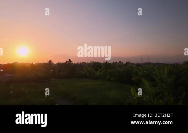 Beautiful tropical sunset timelapse over lush green fields and coconut ...