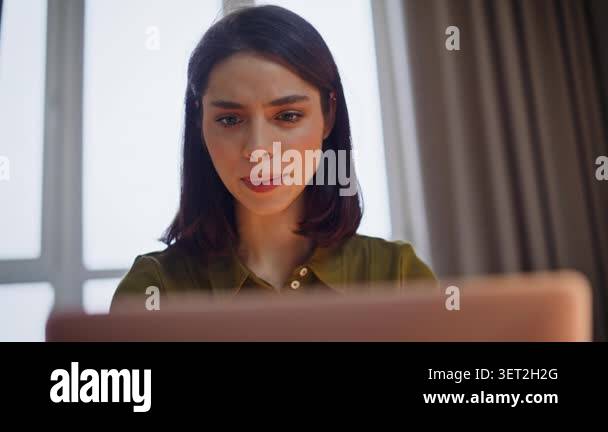 Closeup inspired woman working laptop at morning window light. Relaxed ...