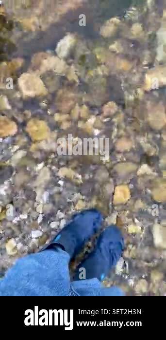 Person wearing blue rain boots standing in shallow stream with pebble ...