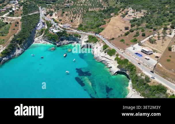 Spectacular drone view of Xigia Sulfur Beach in Zakynthos. Famous for ...