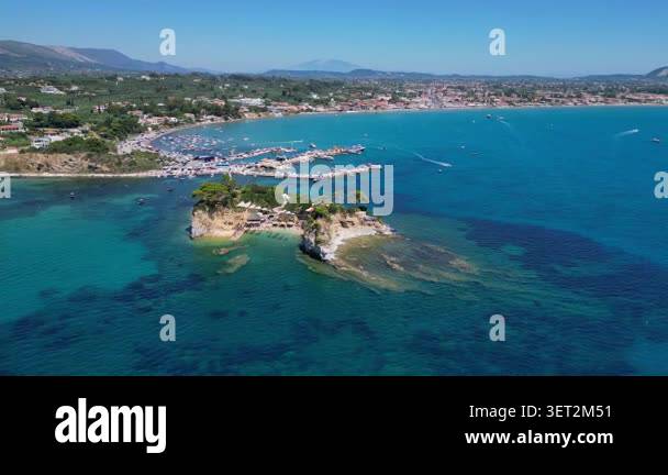 Scenic view of Cameo Island in Agios Sostis, Zakynthos. Iconic wooden ...