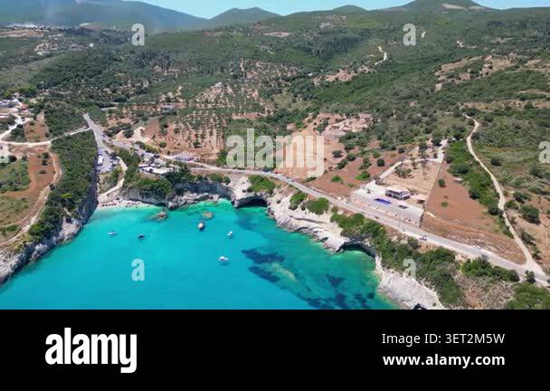 Spectacular drone view of Xigia Sulfur Beach in Zakynthos. Famous for ...