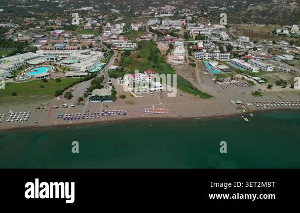 Panoramic drone shot of Faliraki coastline in Rhodes, Greece. Featuring ...
