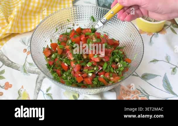 This shows how to prepare a salad using fresh tomatoes, dill, green ...