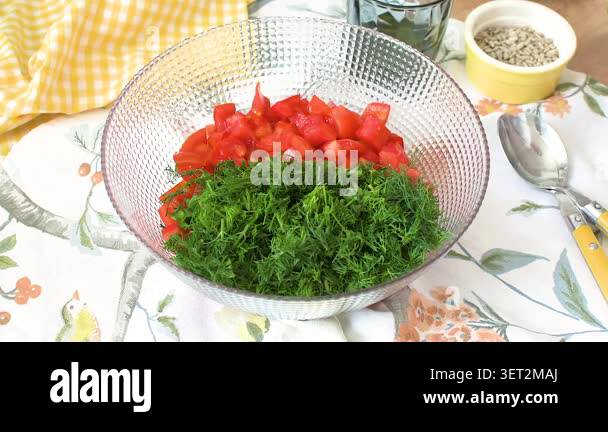 Chop fresh tomatoes and green onions. Mix in dill and add sunflower ...