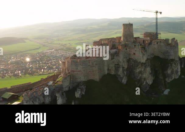 Aerial flyover of Spis Castle ruins in eastern Slovakia highlighting ...