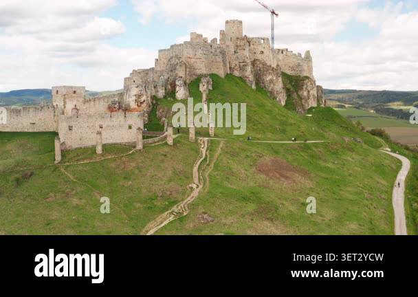 Wide panoramic drone view of Spis castle in eastern Slovakia ...