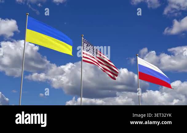 Geopolitical Relations Concept. Ukraine, USA And Russia Flags Animated ...