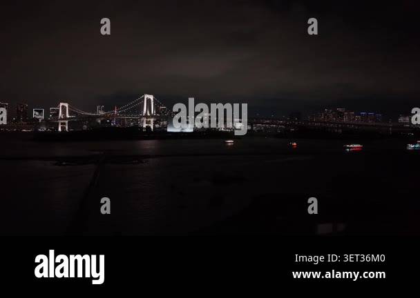 An aerial view of the Tokyo Bay waterfront, bridges and modern skyline ...