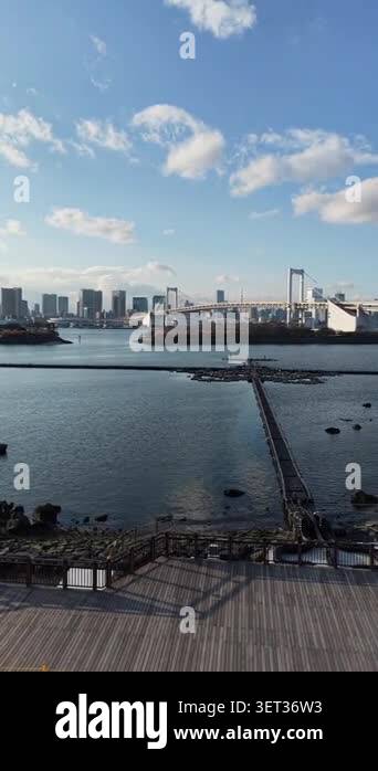 An aerial view of the Tokyo Bay waterfront, bridges and modern skyline ...