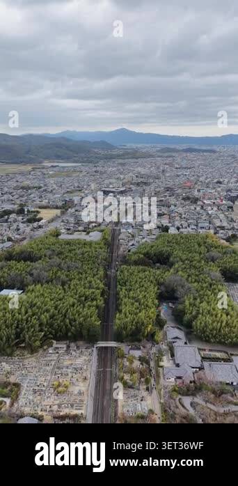 An aerial panorama of the ancient city of Kyoto and its forested temple ...