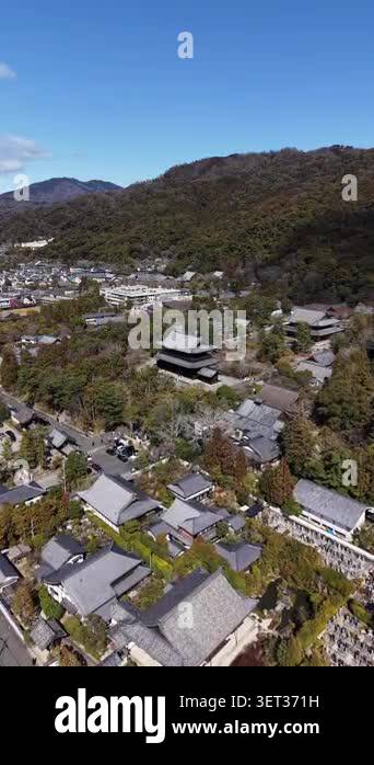 An aerial panorama of the ancient city of Kyoto and its forested temple ...