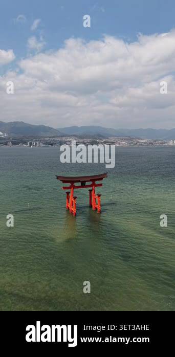 An aerial view of the iconic red floating torii gate of Itsukushima ...