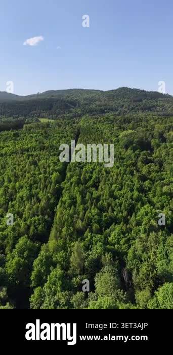An aerial view of green rolling fields, meadows and forested hills of ...