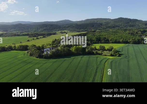 An aerial view of green rolling fields, meadows and forested hills of ...