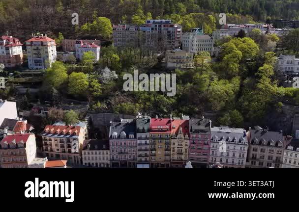 An aerial view of the historic spa town of Karlovy Vary with its ornate ...