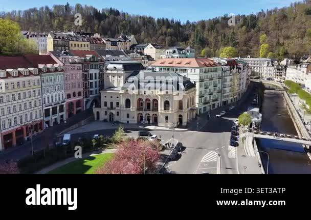 An aerial view of the historic spa town of Karlovy Vary with its ornate ...