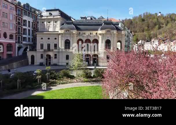 An aerial view of blooming pink magnolia trees in the spa town of ...