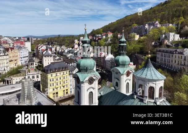 An aerial view of the historic spa town of Karlovy Vary with its ornate ...