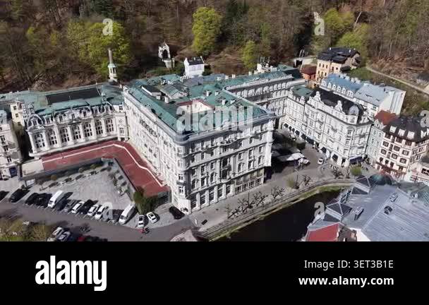 An aerial view of the historic spa town of Karlovy Vary with its ornate ...