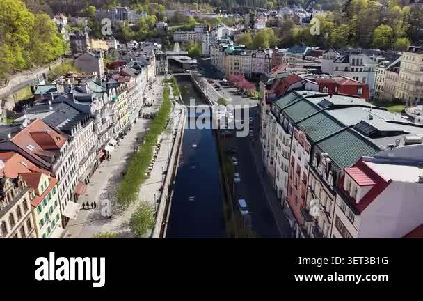 An aerial view of the historic spa town of Karlovy Vary with its ornate ...
