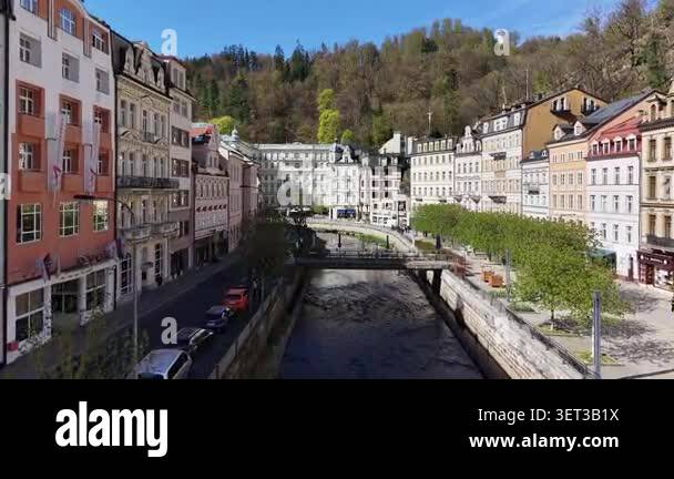 An aerial view of the historic spa town of Karlovy Vary with its ornate ...