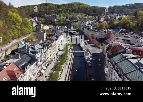 An aerial view of the historic spa town of Karlovy Vary with its ornate ...