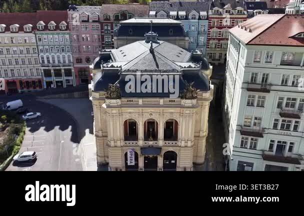 An aerial view of the historic spa town of Karlovy Vary with its ornate ...