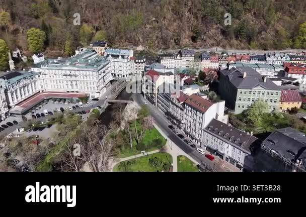 An aerial view of the historic spa town of Karlovy Vary with its ornate ...