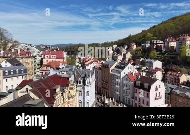 An aerial view of the historic spa town of Karlovy Vary with its ornate ...