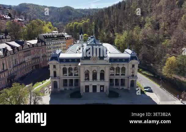 An aerial view of the historic spa town of Karlovy Vary with its ornate ...