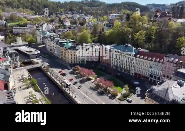 An aerial view of the historic spa town of Karlovy Vary with its ornate ...