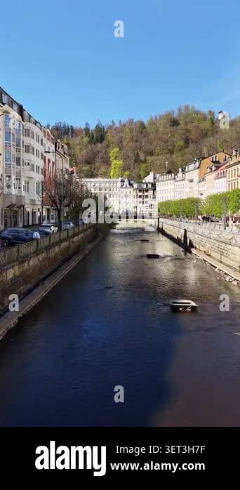 An aerial view of the historic spa town of Karlovy Vary with its ornate ...