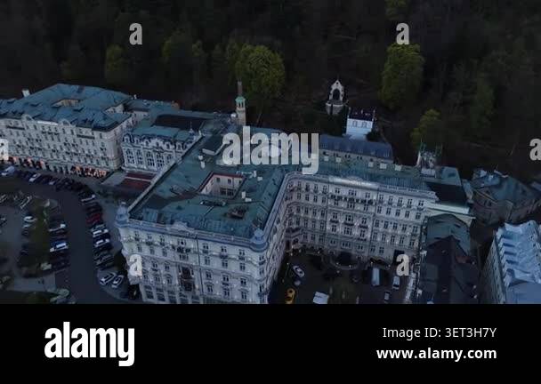 An aerial view of the historic spa town of Karlovy Vary with its ornate ...