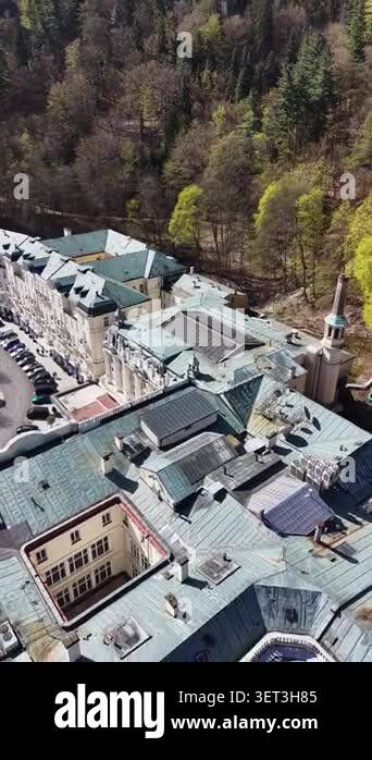 An aerial view of the historic spa town of Karlovy Vary with its ornate ...