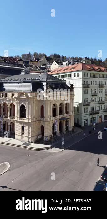 An aerial view of the historic spa town of Karlovy Vary with its ornate ...