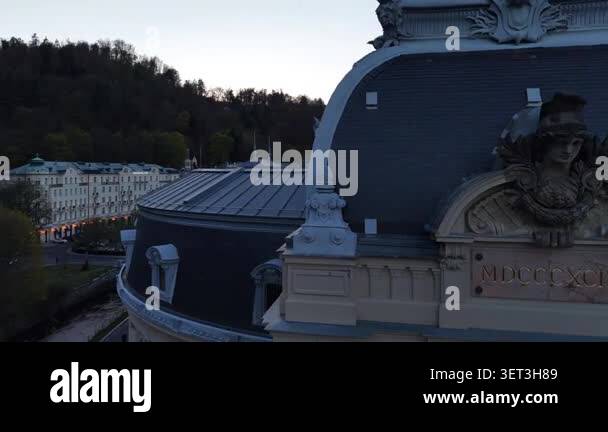 An aerial view of the historic spa town of Karlovy Vary with its ornate ...