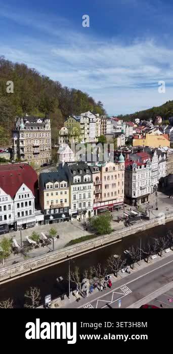 An aerial view of the historic spa town of Karlovy Vary with its ornate ...