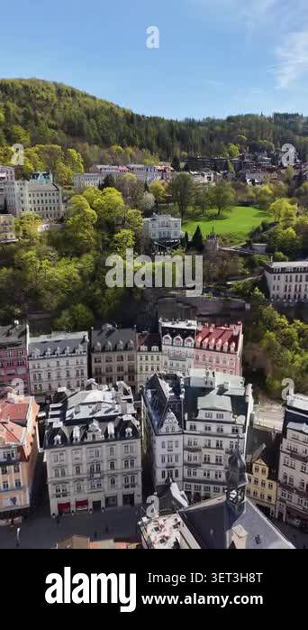 An aerial view of the historic spa town of Karlovy Vary with its ornate ...