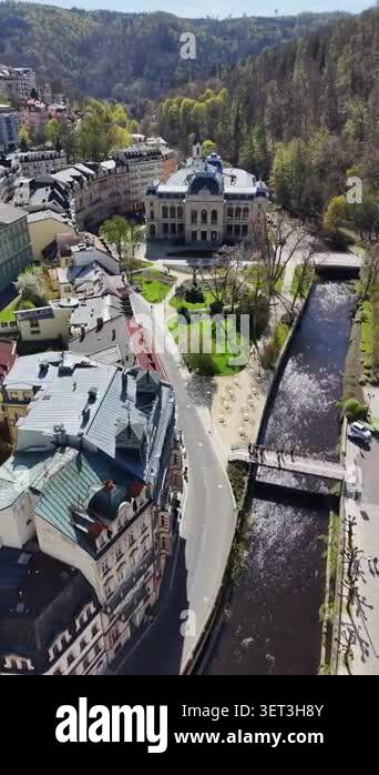 An aerial view of the historic spa town of Karlovy Vary with its ornate ...