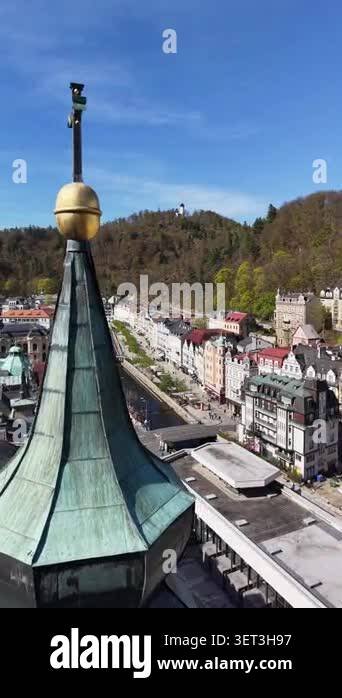 An aerial view of the historic spa town of Karlovy Vary with its ornate ...