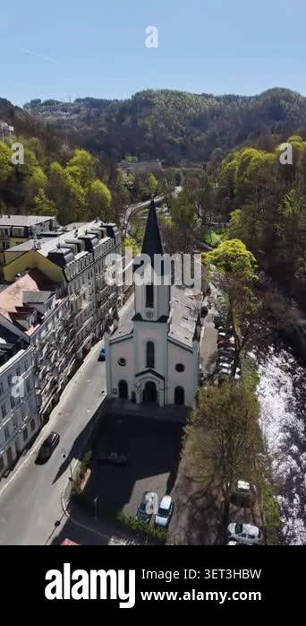 An aerial view of the historic spa town of Karlovy Vary with its ornate ...